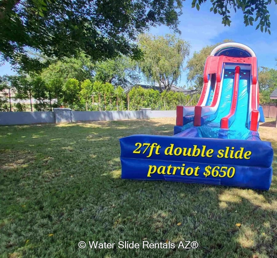 Large dual lane water slide with 2 slides and slip n slide, large pool